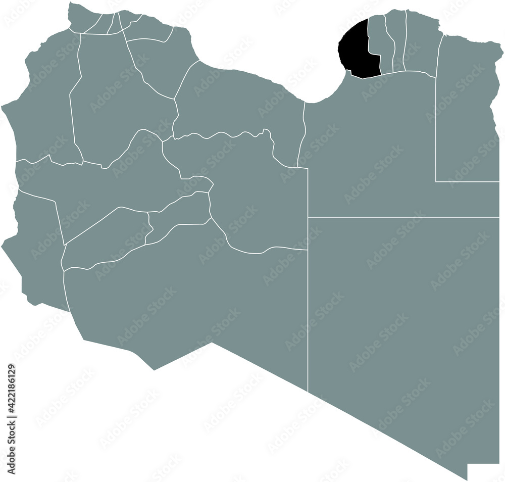 Black highlighted location map of the Libyan Benghazi district inside ...