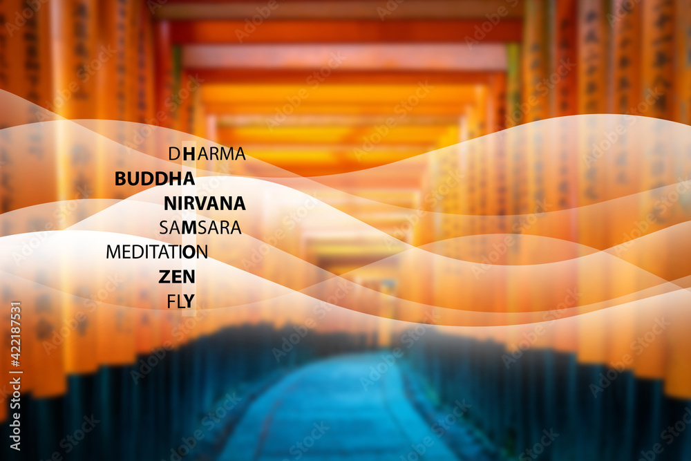 Red Japanese gate next to Buddhist symbols. Inscriptions about Buddhism ...