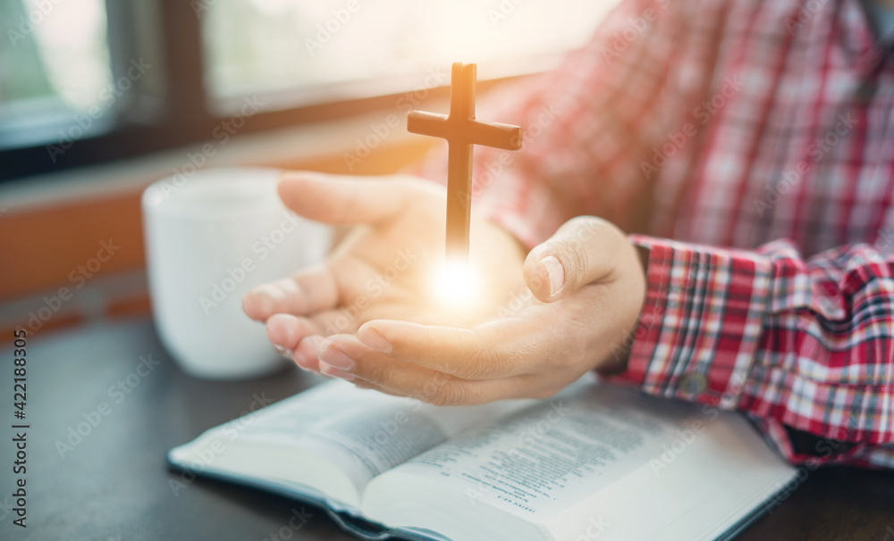 Christian hand while praying and worship for christian religion with ...