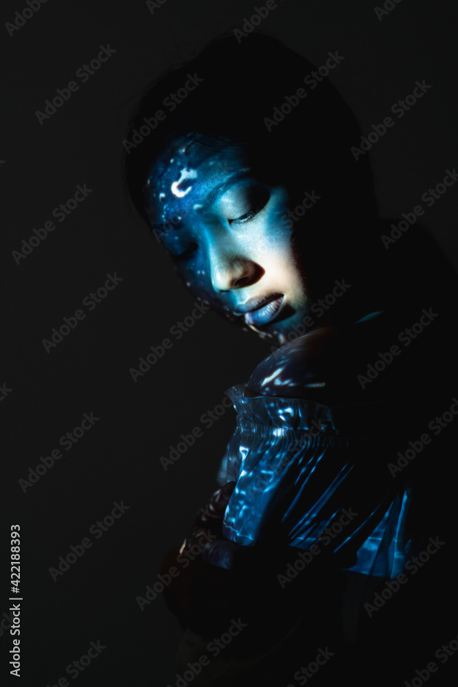 Art portrait. Cosmic beauty. Universe wisdom. Blue Asian alien woman ...