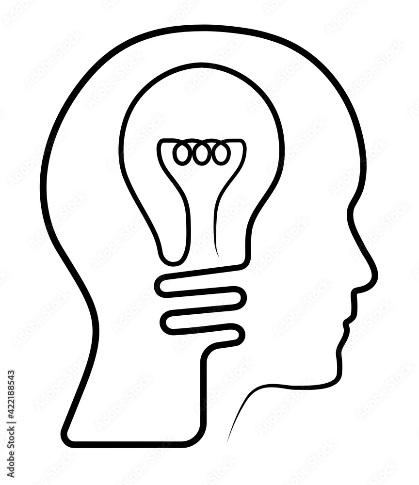 Continous drawing of a head with lightbulb illustration. Idea design to ...