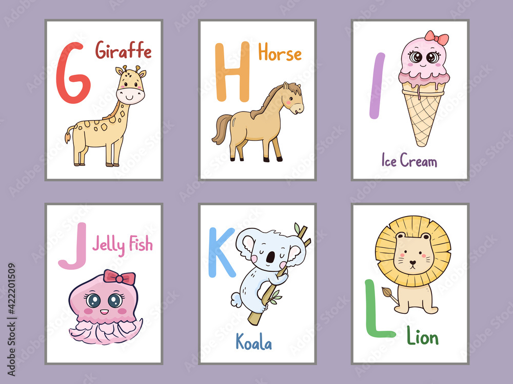Set of Alphabet flash card design illustration for kids G H I J K L ...