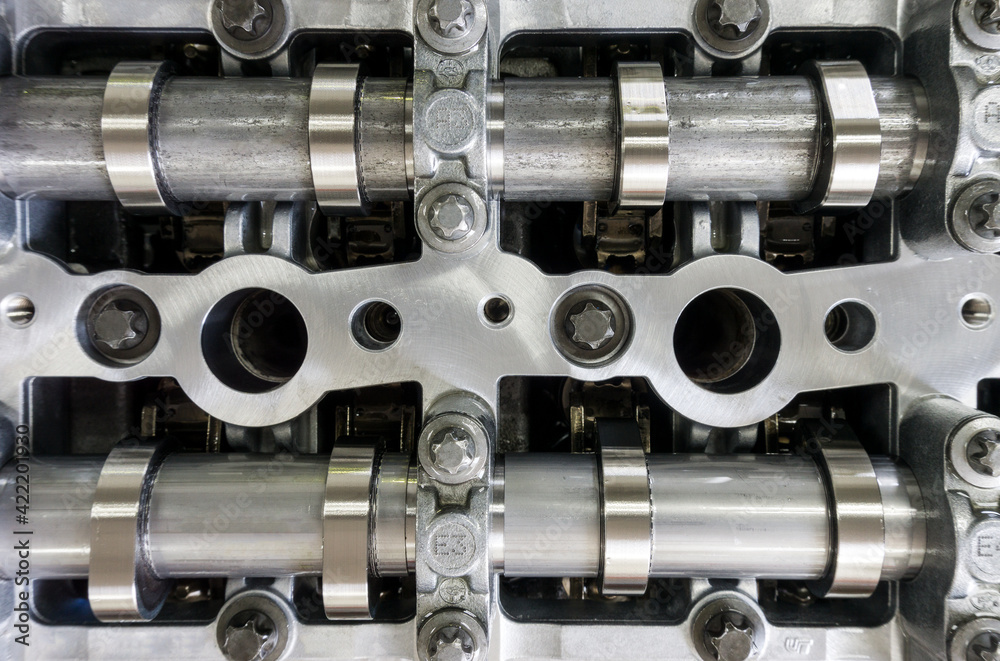 Top view cylinder head of car with intake camshaft and exhaust camshaft ...
