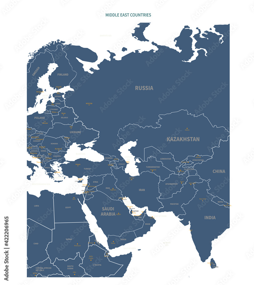 A detailed map of Middle East. Arab map vector with country and capital ...