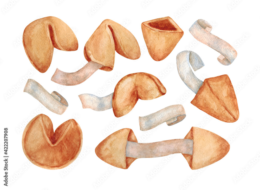 Chinese fortune cookies. Set of watercolor cliparts isolated on white ...