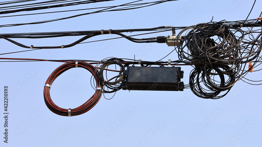 Black box and internet cable reel. Fiber Optic Splitter Box (Plc or ...
