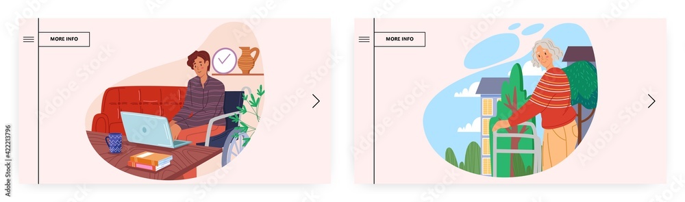 Mobility aids landing page design, website banner vector template set ...