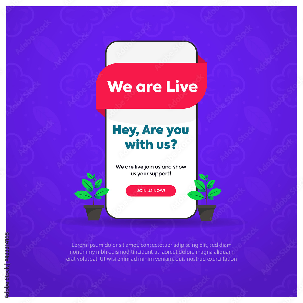 Vetor de we are live. Mobile application launch. We are coming live ...