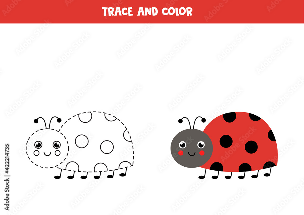 Trace and color cute ladybird. Worksheet for kids. Stock Vector | Adobe ...