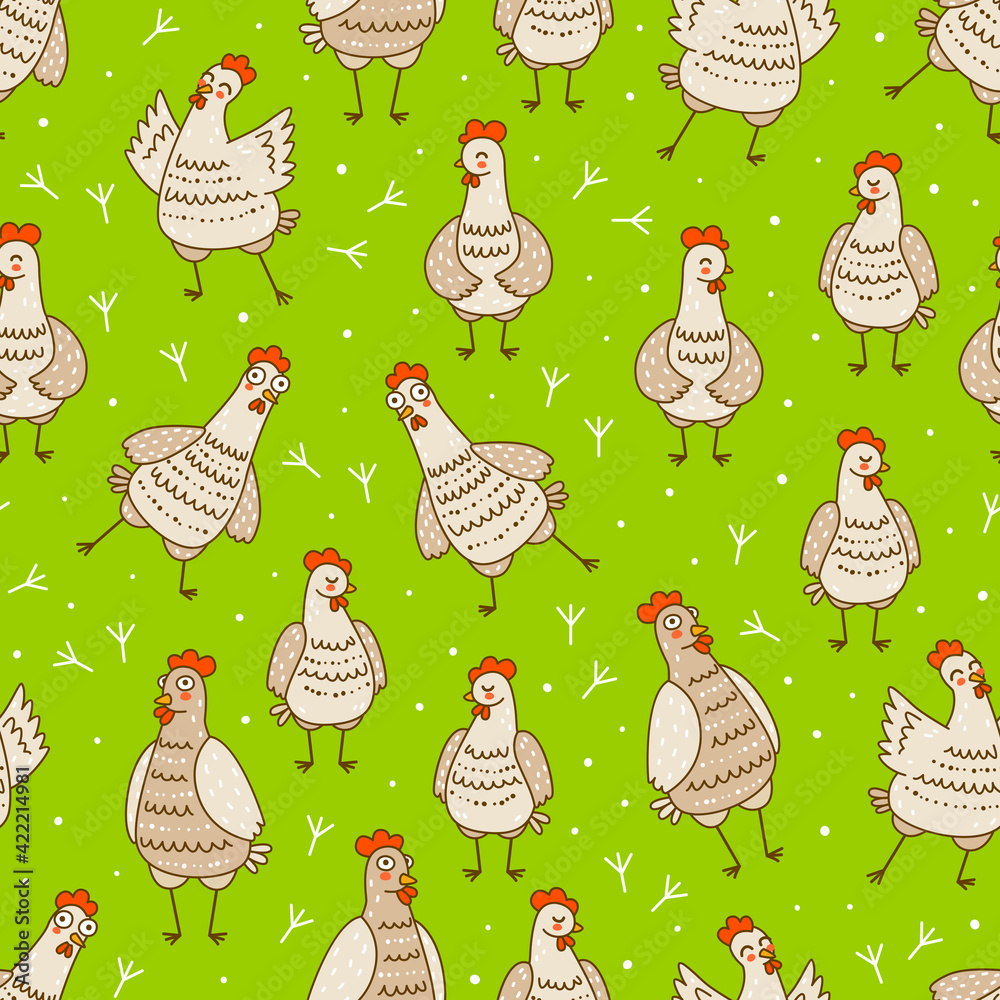 Seamless pattern with cute chickens on green background - cartoon hens ...