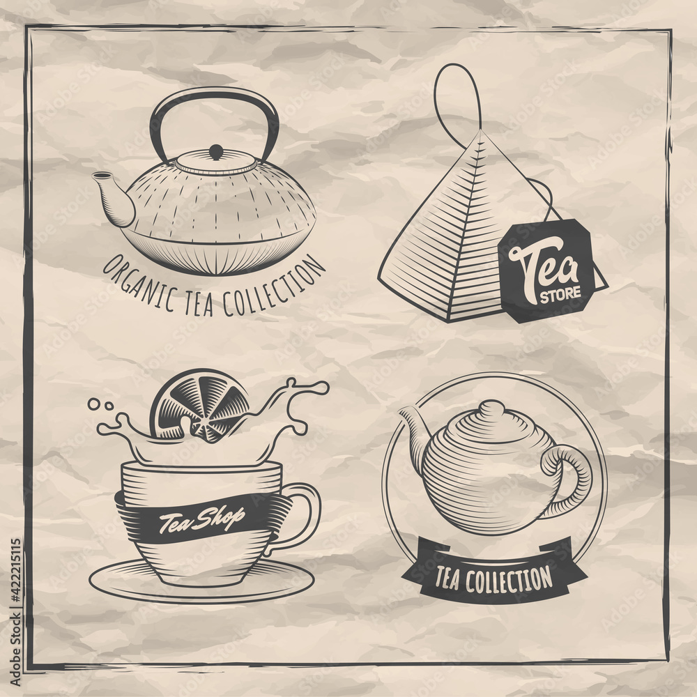 Tea shop labels. Vector tea store logos with teapots, cups and ...