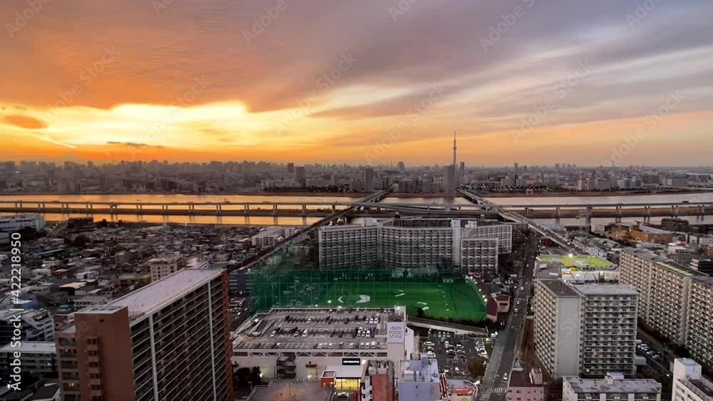 TOKYO, JAPAN : Aerial sunset CITYSCAPE of TOKYO and residential area ...