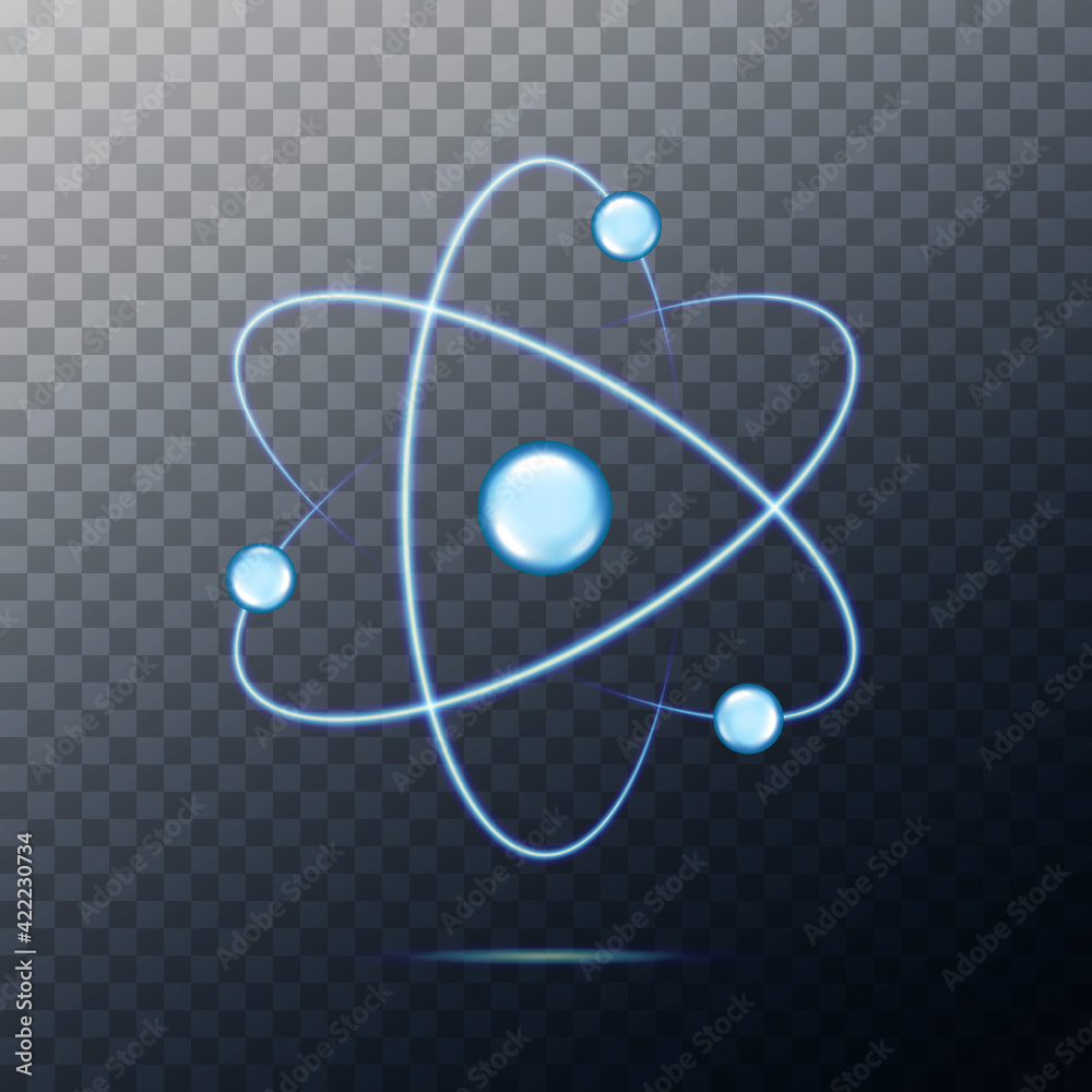 Atom icon. Neon light atomic neutron. Atom blue color. Nuclear atom. 3d ...
