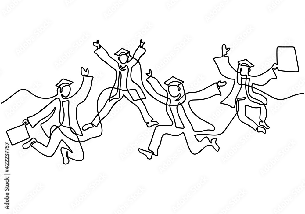 One line drawing of young happy graduate male and female college ...