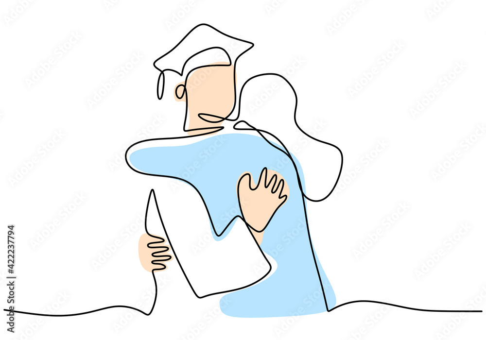 Continuous line drawing of graduation men student with his friend is ...