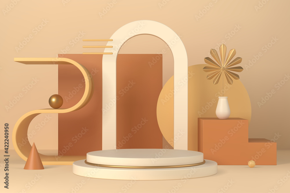 Boho interior minimal scene with podium and geometric forms 3d vector ...