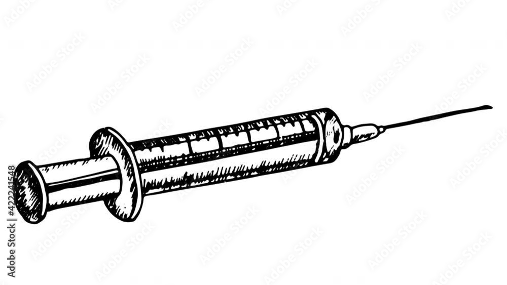 Hand drawing of a syringe and ampoule. 4k animation of the appearance ...