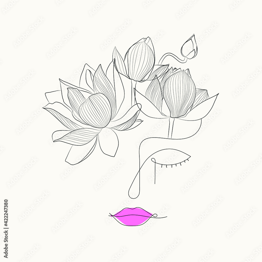 Head Of Flowers Art, Line Art Woman With Flowers, Flower Woman Line Art ...