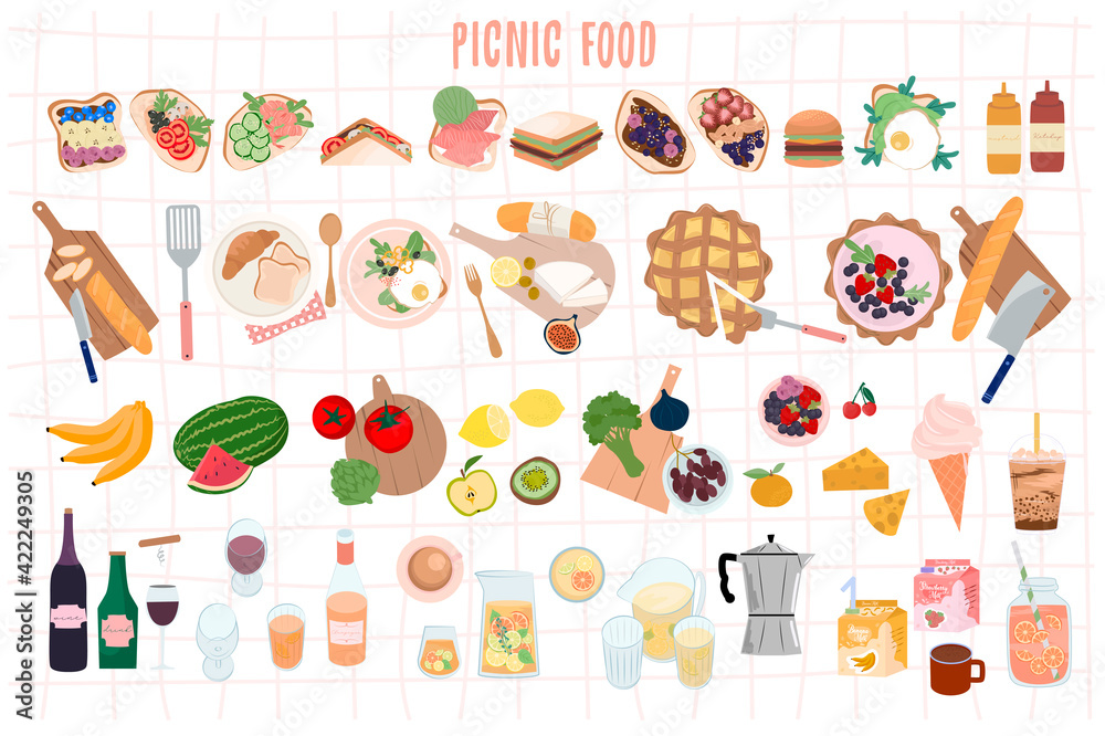 Set of Summer Picnic food: fruits, vegetables, berries, sandwich, toast ...