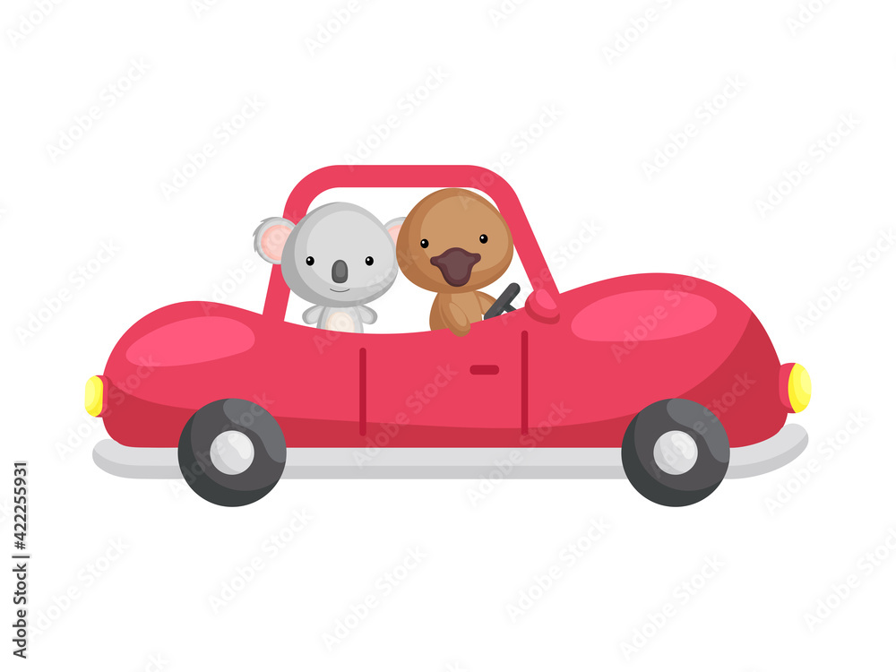 Cute little koala and platypus driving red car. Cartoon character for ...