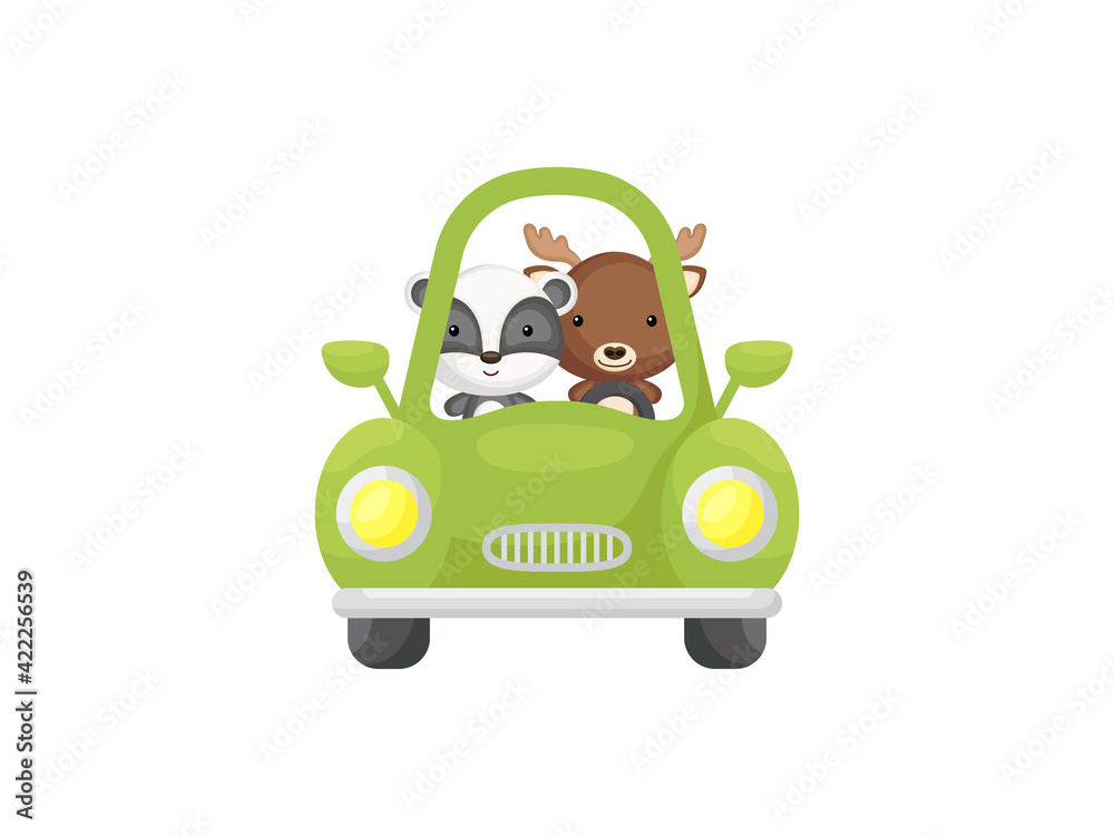 Cute little badger and moose driving green car. Cartoon character for ...