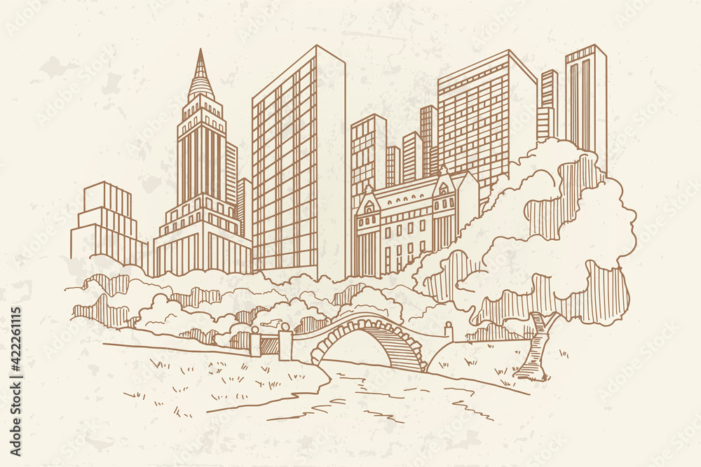 Hand drawn sketch of Central park in New York city. Stock Vector ...