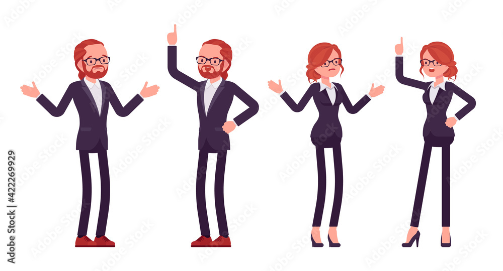 Businessman, businesswoman, teacher red haired office worker. Bossy ...