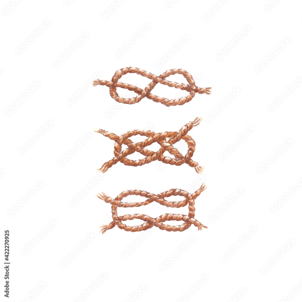 Set of vector rope nautical knots, watercolor illustration of hand ...