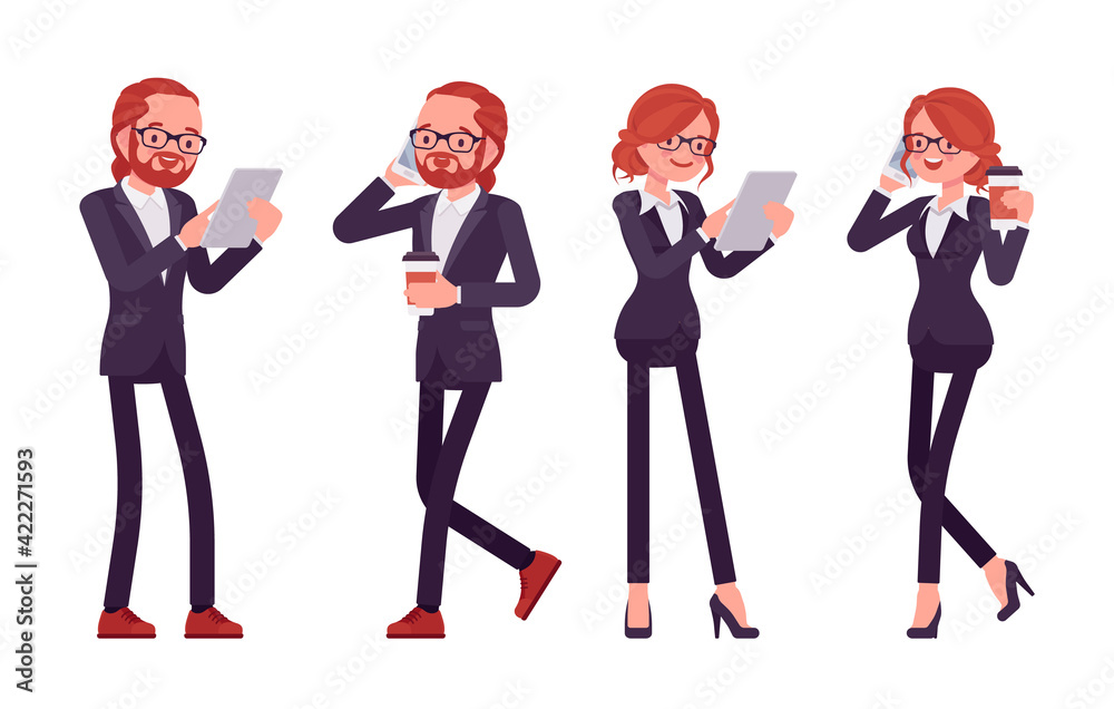 Businessman, businesswoman red haired office worker standing with phone ...