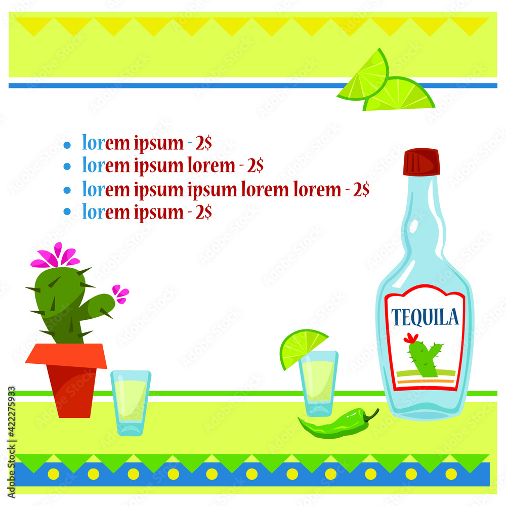 The menu template. It is decorated with alcohol of Mexico. Illustrated ...