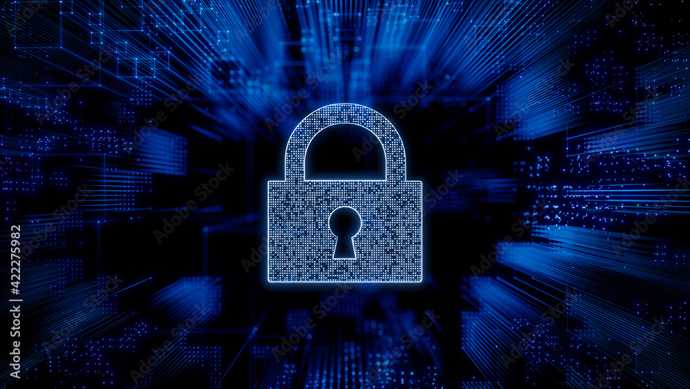 Security Technology Concept with lock symbol against a Futuristic, Blue ...