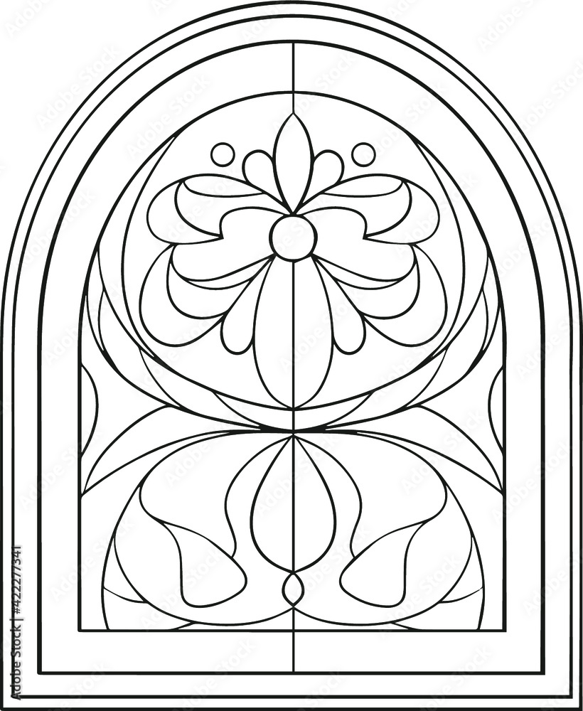 Stained glass window. Black and white drawing. Decorated with flowers ...