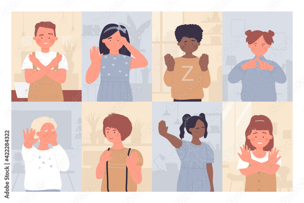 Kids stop poses and gestures vector illustration set. Cartoon angry ...