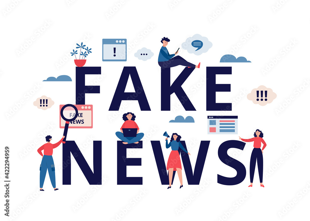 Fake news banner or poster with tiny people, flat vector illustration ...