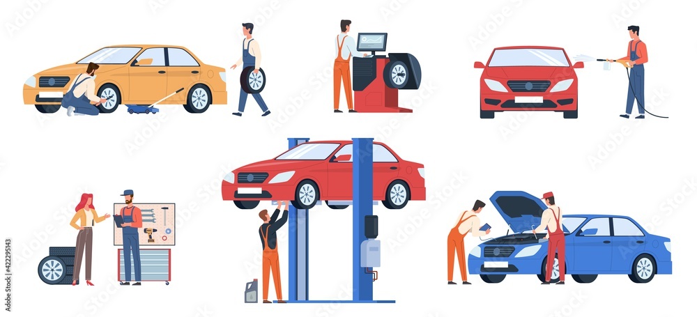 Car service workers. People in repair process, mechanics work fix ...