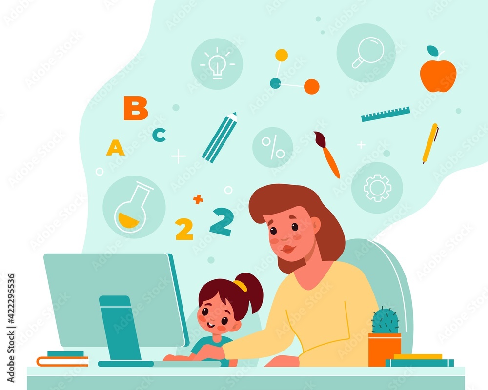 Online children education. Home child learning, mother helps daughter ...