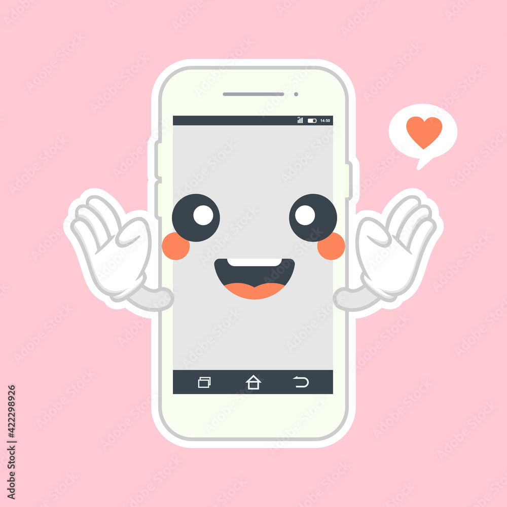 Cute and kawaii smartphone flat design, mobile phone cartoon character ...