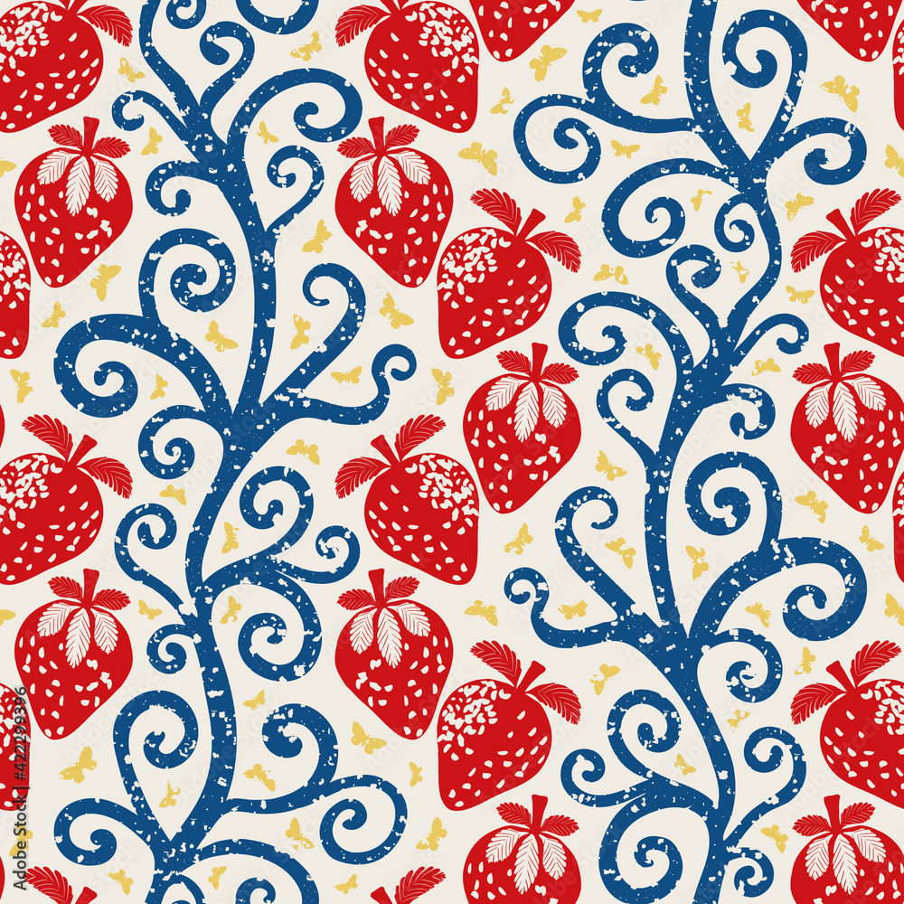 Strawberry linocut Indian Florals style seamless vector pattern ...