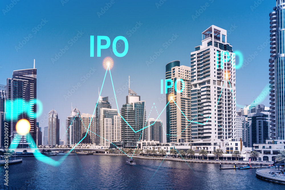 Skyscrapers of Dubai business downtown. International hub of trading ...