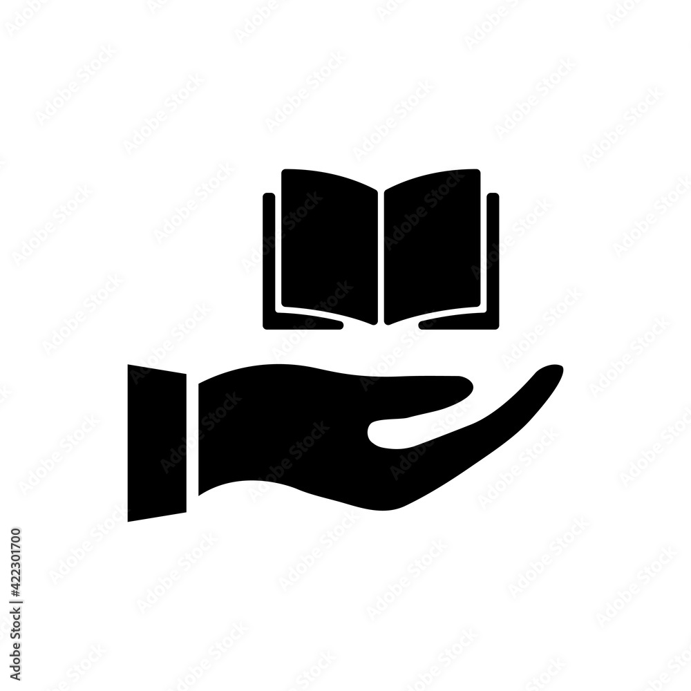 Hand giving book icon. Open book in hand. Black silhouette. Education ...