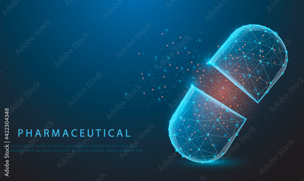 Pills. Abstract polygonal wireframe light capsule in blue background ...