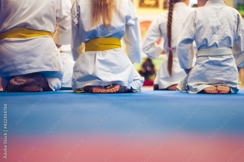 Children in karate training. Figures in white kimano on a colored ...