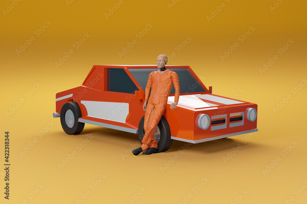Crash test dummy lying on top of a stylized toy car. 3D rendering ...