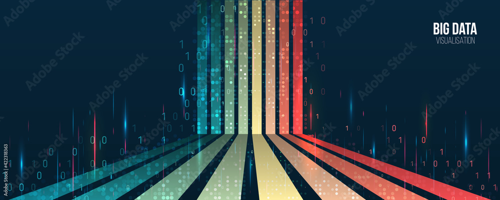 Big data visualization banner. Abstract background with lines array and binary code. Connection ...