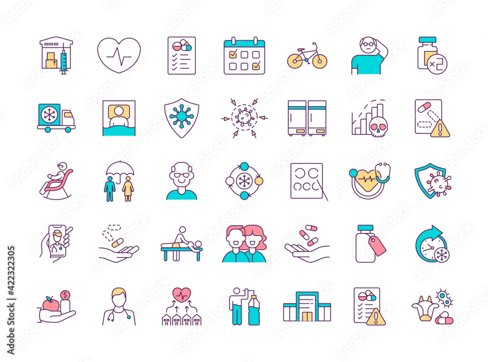Vetor de Health program RGB color icons set. Vaccine distribution ...