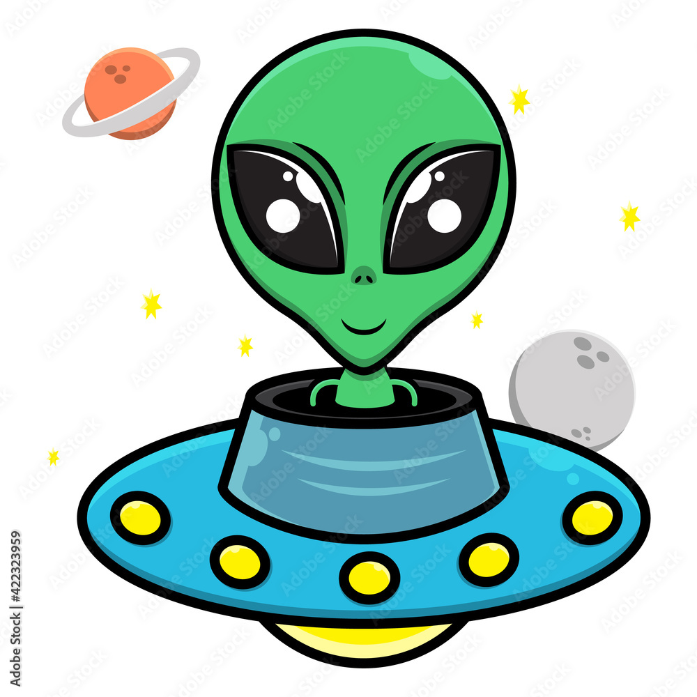 Cute Green Alien riding a UFO on the space, with moon, star and planet ...