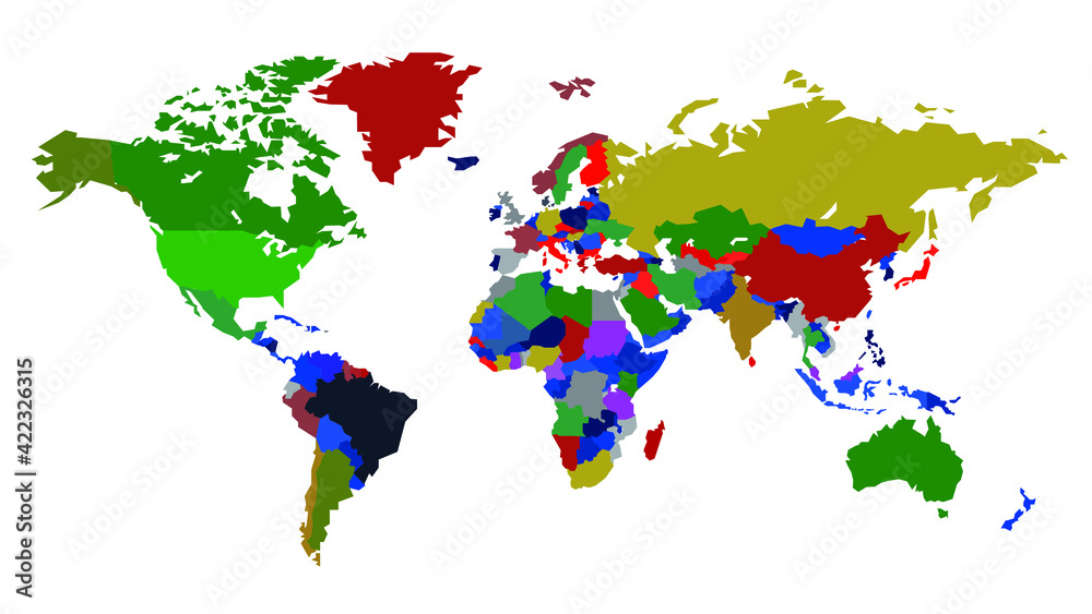 World map, color, on a white background, each country on a separate ...