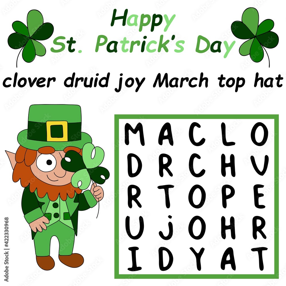 Happy St. Patrick's Day word search puzzle for children stock vector ...