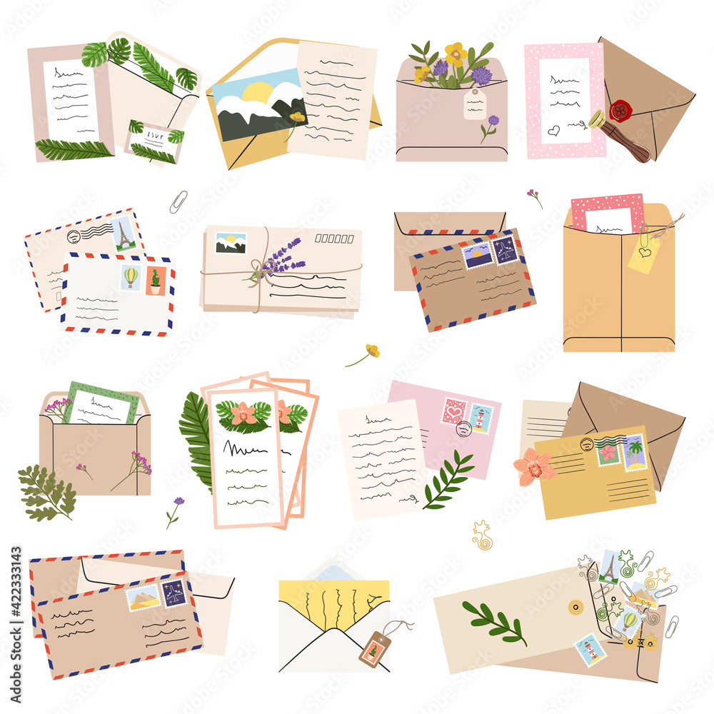 Set of mails, envelopes, letters, postcards, postage stamps and ...