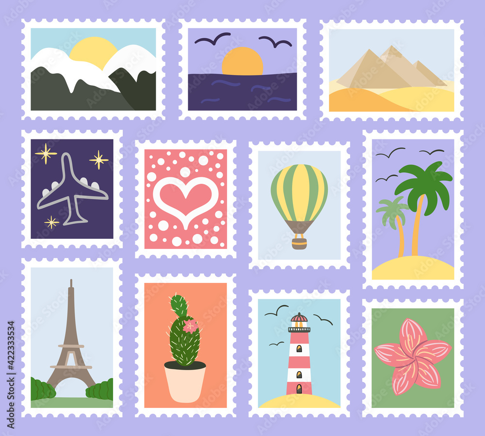 Collection of postage stamps with world attractions, landscapes, plants ...